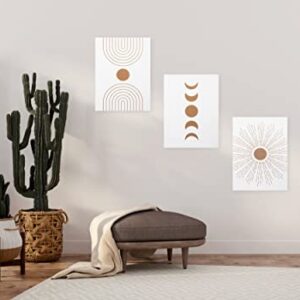 Boho Wall Art Set Of 3 Decor. Ready To Hang Framed Sun and Moon Phase Canvas Prints For Bedroom Living Room Bathroom Office. Minimalist Mid Century Modern Decor Bohemian Large 12"x16"