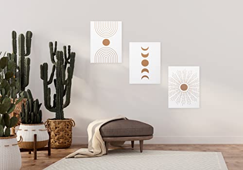 Boho Wall Art Set Of 3 Decor. Ready To Hang Framed Sun and Moon Phase Canvas Prints For Bedroom Living Room Bathroom Office. Minimalist Mid Century Modern Decor Bohemian Large 12"x16"