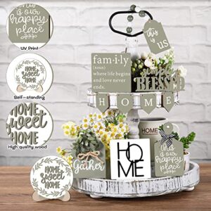 11 Pieces Farmhouse Tiered Tray Decor Home Wood Sign Rustic Home Sweet Home Simply Blessed This is Us Wooden Beads Tiered Tray Decorations Set for Home Kitchen Table Shelf