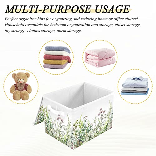 DOMIKING Flowers Large Storage Bin with Lid Collapsible Shelf Baskets Box with Handles Organizing Container for Shelves Cabinet Nursery Drawer