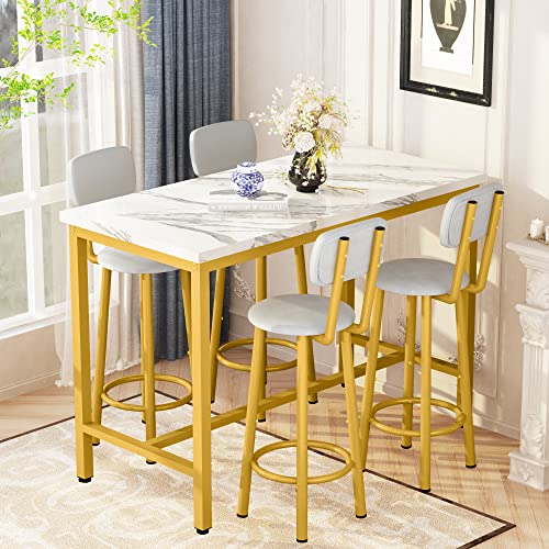 Lamerge Dining Table Set for 4 Bar Table and Chairs Set Faux Marble Counter Height Dining Table Set with 4 PU Upholstered Stools Kitchen Pub Table for Kitchen, Restaurant, Space Saving, Gold and White