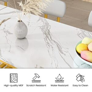 Lamerge Dining Table Set for 4 Bar Table and Chairs Set Faux Marble Counter Height Dining Table Set with 4 PU Upholstered Stools Kitchen Pub Table for Kitchen, Restaurant, Space Saving, Gold and White