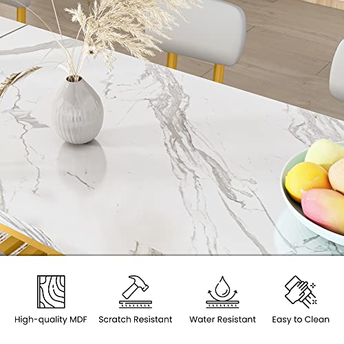 Lamerge Dining Table Set for 4 Bar Table and Chairs Set Faux Marble Counter Height Dining Table Set with 4 PU Upholstered Stools Kitchen Pub Table for Kitchen, Restaurant, Space Saving, Gold and White