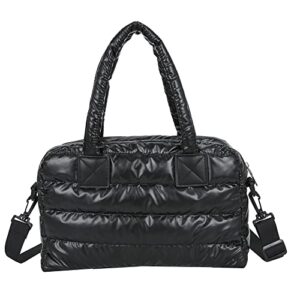 azuraokey puffer tote bag for women, quilted cotton padded designer handbag, winter down padded shoulder bag with adjustable strap-black