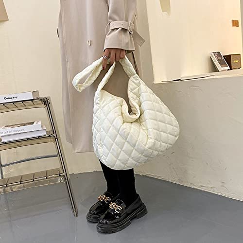 Women Shoulder Bag Lattice Pattern Shoulder Bag Large Capacity Tote Bags Space Cotton Quilted Shopper Bag(white)