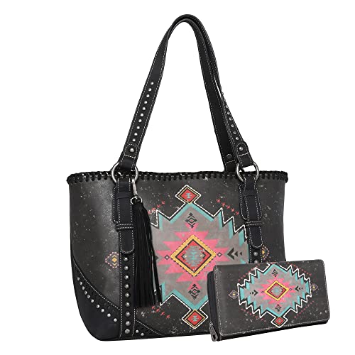 Montana West Aztec Collection Concealed Carry Tote Bag Western Purse for Women MW1032G-8317BK+W