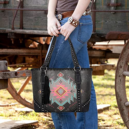 Montana West Aztec Collection Concealed Carry Tote Bag Western Purse for Women MW1032G-8317BK+W