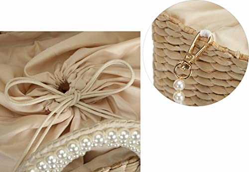 FUSMIC Women's Handbag Straw Handmade Artificial Pearl Rattan Weave Tote Shoulder Bag Beige