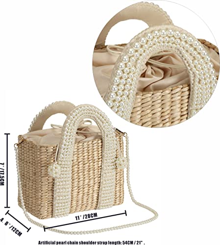 FUSMIC Women's Handbag Straw Handmade Artificial Pearl Rattan Weave Tote Shoulder Bag Beige