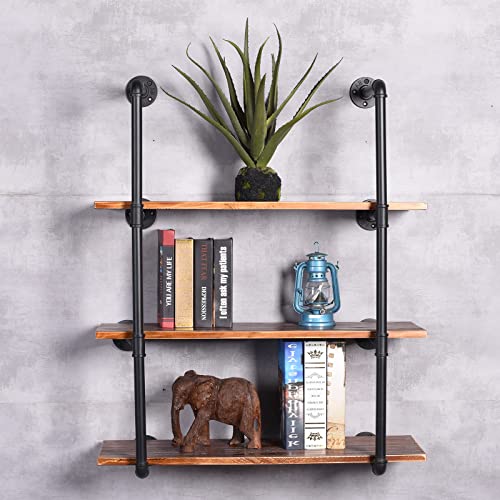 BOKKOLIK Farmhouse Floating Pipe Shelf with 31.5inch Length Wood Plank Retro Storage Wall Mounted Book Shelves 3 Tier for Kitchen Office Living Room