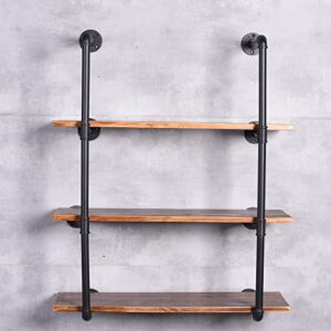 BOKKOLIK Farmhouse Floating Pipe Shelf with 31.5inch Length Wood Plank Retro Storage Wall Mounted Book Shelves 3 Tier for Kitchen Office Living Room