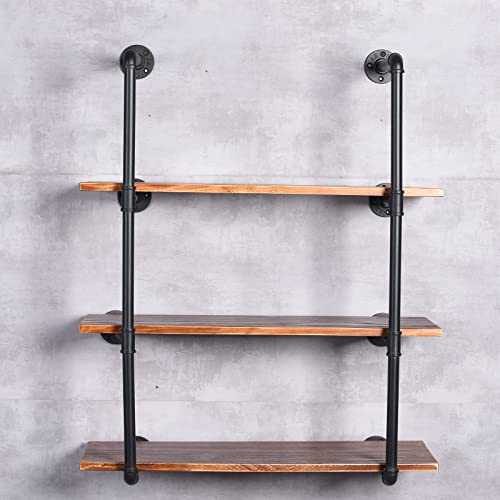 BOKKOLIK Farmhouse Floating Pipe Shelf with 31.5inch Length Wood Plank Retro Storage Wall Mounted Book Shelves 3 Tier for Kitchen Office Living Room