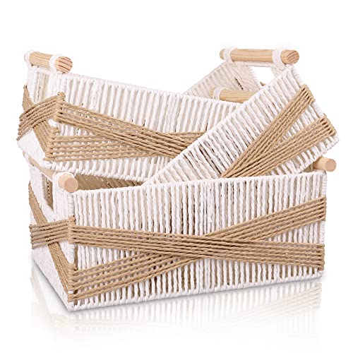 LaMorée Storage Baskets 3 PCS Paper Rope Woven Storage Bin Set with Natural Wooden Handles Decorative Boho Wicker Boxes for Tabletop Shelves Home Office Nursery Organizer Container – Brown and White