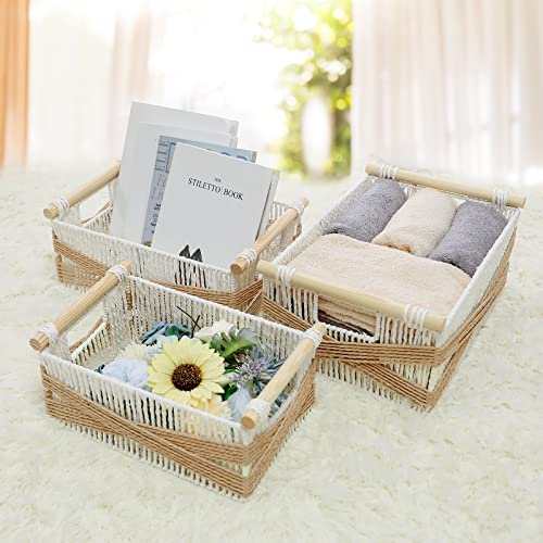 LaMorée Storage Baskets 3 PCS Paper Rope Woven Storage Bin Set with Natural Wooden Handles Decorative Boho Wicker Boxes for Tabletop Shelves Home Office Nursery Organizer Container – Brown and White