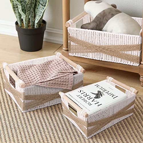 LaMorée Storage Baskets 3 PCS Paper Rope Woven Storage Bin Set with Natural Wooden Handles Decorative Boho Wicker Boxes for Tabletop Shelves Home Office Nursery Organizer Container – Brown and White