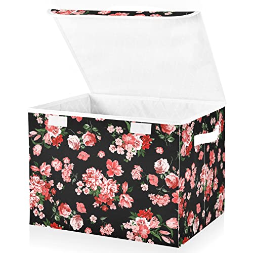 SUABO Red Floral Storage Bin with Lid Large Oxford Cloth Storage Boxes Foldable Home Cube Baskets Closet Organizers for Nursery Bedroom Office