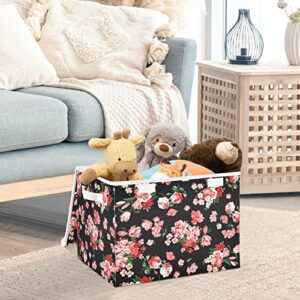 SUABO Red Floral Storage Bin with Lid Large Oxford Cloth Storage Boxes Foldable Home Cube Baskets Closet Organizers for Nursery Bedroom Office