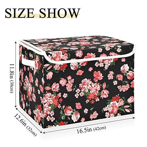 SUABO Red Floral Storage Bin with Lid Large Oxford Cloth Storage Boxes Foldable Home Cube Baskets Closet Organizers for Nursery Bedroom Office