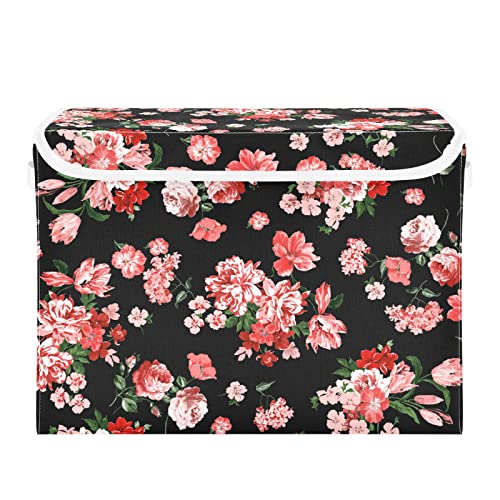 SUABO Red Floral Storage Bin with Lid Large Oxford Cloth Storage Boxes Foldable Home Cube Baskets Closet Organizers for Nursery Bedroom Office