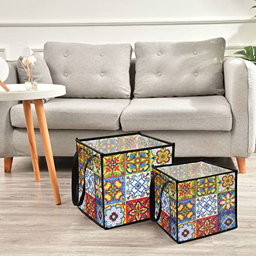 Kigai Mexican Talavera Cube Storage Bins, 13x13x13inch Collapsible Fabric Storage Cubes Organizer with Handles Decorative Storage Baskets for Home, Shelf, Closet