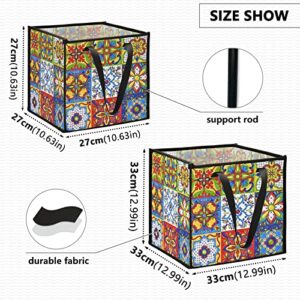 Kigai Mexican Talavera Cube Storage Bins, 13x13x13inch Collapsible Fabric Storage Cubes Organizer with Handles Decorative Storage Baskets for Home, Shelf, Closet