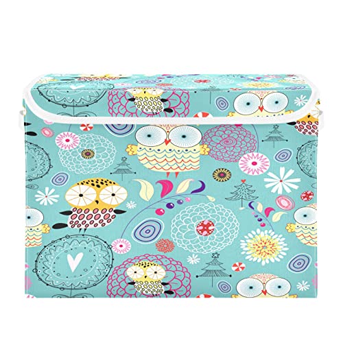 Cute Owls Storage Boxes with Lid and Handles Large Collapsible Fabric Storage Basket Clothes Toys Organizer Bins for Playroom Office Nursery Shelf Closet