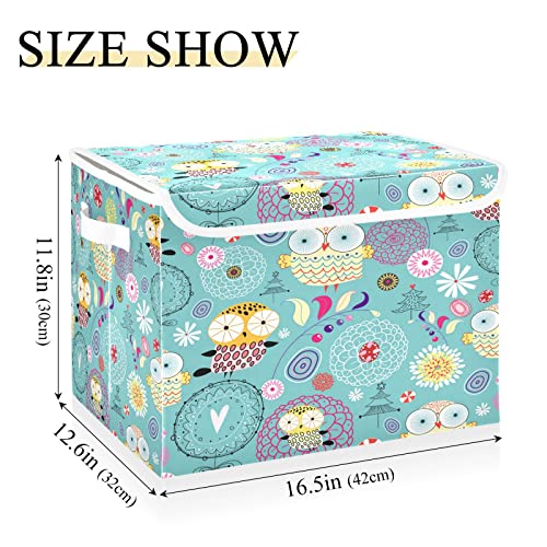 Cute Owls Storage Boxes with Lid and Handles Large Collapsible Fabric Storage Basket Clothes Toys Organizer Bins for Playroom Office Nursery Shelf Closet