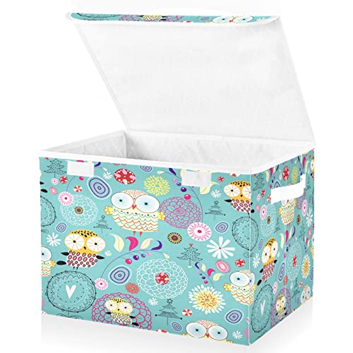 Cute Owls Storage Boxes with Lid and Handles Large Collapsible Fabric Storage Basket Clothes Toys Organizer Bins for Playroom Office Nursery Shelf Closet