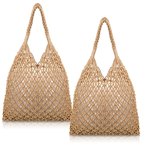 2 Pcs Women Travel Beach Bag Cotton Rope Travel Beach Fishing Net Handbag Tote Summer Weave Rattan Mesh Shoulder Purse (Brown)