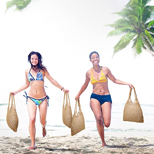 2 Pcs Women Travel Beach Bag Cotton Rope Travel Beach Fishing Net Handbag Tote Summer Weave Rattan Mesh Shoulder Purse (Brown)