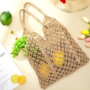 2 Pcs Women Travel Beach Bag Cotton Rope Travel Beach Fishing Net Handbag Tote Summer Weave Rattan Mesh Shoulder Purse (Brown)