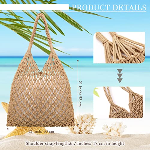 2 Pcs Women Travel Beach Bag Cotton Rope Travel Beach Fishing Net Handbag Tote Summer Weave Rattan Mesh Shoulder Purse (Brown)