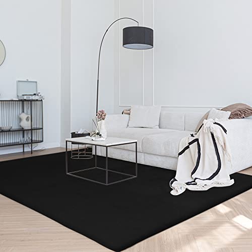 TENNOLA Soft Faux Rabbit Fur Rug 4 x 6 Feet Machine Washable Area Rugs for Living Room Black Fluffy Rugs for Bedroom Fuzzy Rug Non-Slip Carpet for Nursery Kids Teen Girls Room Home Decor