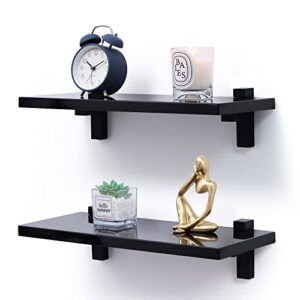 black floating shelves 16 inch long, wooden bathroom shelves set of 2, modern floating wall shelf with glossy finish for home decor & storage