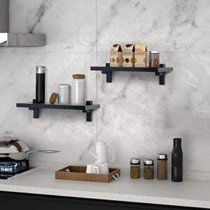 Black Floating Shelves 16 Inch Long, Wooden Bathroom Shelves Set of 2, Modern Floating Wall Shelf with Glossy Finish for Home Decor & Storage