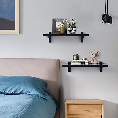 Black Floating Shelves 16 Inch Long, Wooden Bathroom Shelves Set of 2, Modern Floating Wall Shelf with Glossy Finish for Home Decor & Storage