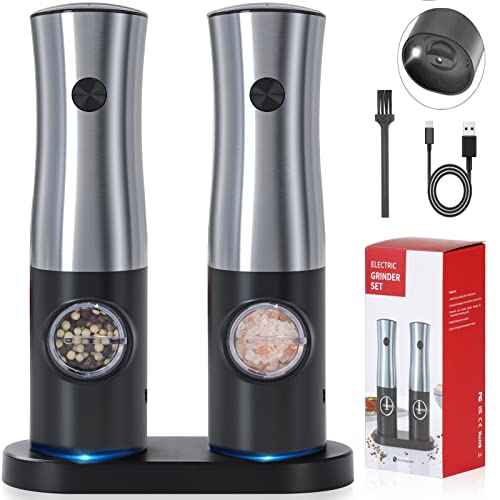 AicLuze Electric Salt and Pepper Grinder Set of 2 -USB Rechargeable Stainless Automatic Grinder with Charging Base, Adjustable Coarseness Electric Pepper Mill with Light, Bottom Cap, One-Hand Operated