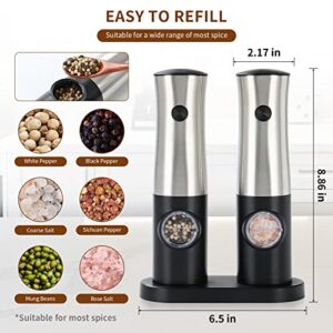 AicLuze Electric Salt and Pepper Grinder Set of 2 -USB Rechargeable Stainless Automatic Grinder with Charging Base, Adjustable Coarseness Electric Pepper Mill with Light, Bottom Cap, One-Hand Operated