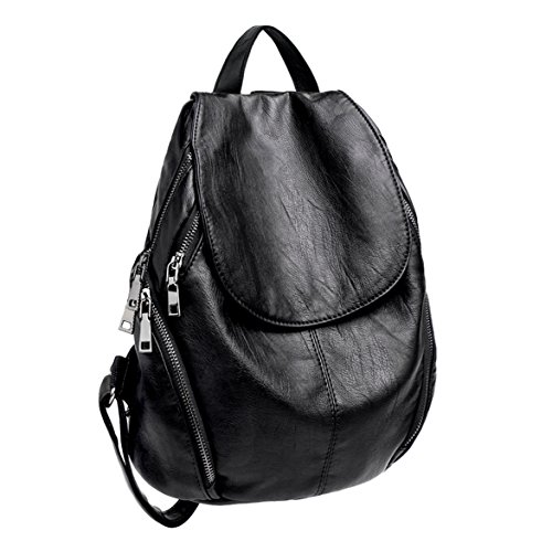 UTO Women Backpack Purse PU Washed Leather Large Capacity Ladies Rucksack Shoulder Bag Black