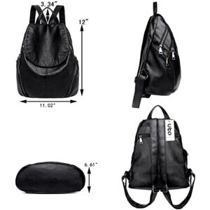 UTO Women Backpack Purse PU Washed Leather Large Capacity Ladies Rucksack Shoulder Bag Black