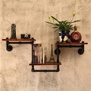 home metal wall decor, industrial rustic modern wood ladder pipe wall mounted floating shelves – bookshelf, diy storage shelving, hung bracket, bookcase, 3-tiers rustic floating bar shelves wine shelf