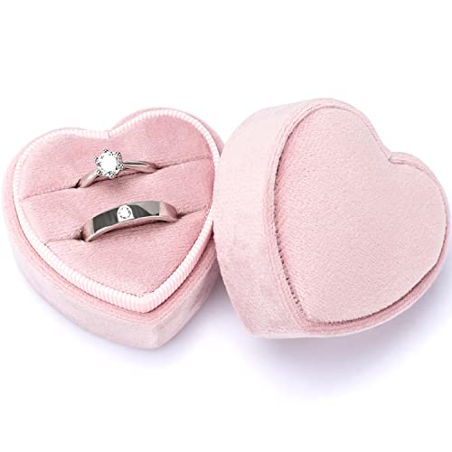 WantGor Velvet Ring Box, Double Jewelry Ring Gift Box Vintage Ring Display Holder Engagement Wedding Box with Detachable Lid (Pink)