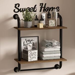 bathroom shelves wall mounted, industrial pipe shelving 2-tier, rustic farmhouse shelves for wall decor, floating bathroom shelf over toilet with towel bar for kitchen, bedroom, living room 17.3 inch