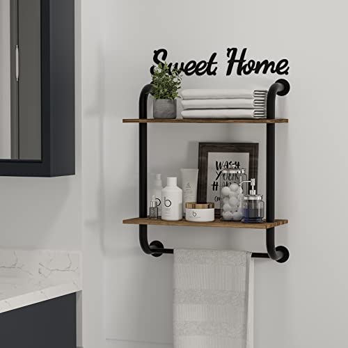 Bathroom Shelves Wall Mounted, Industrial Pipe Shelving 2-Tier, Rustic Farmhouse Shelves for Wall Decor, Floating Bathroom Shelf Over Toilet with Towel Bar for Kitchen, Bedroom, Living Room 17.3 inch