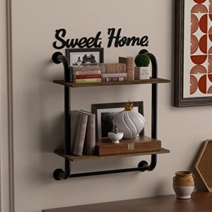 Bathroom Shelves Wall Mounted, Industrial Pipe Shelving 2-Tier, Rustic Farmhouse Shelves for Wall Decor, Floating Bathroom Shelf Over Toilet with Towel Bar for Kitchen, Bedroom, Living Room 17.3 inch