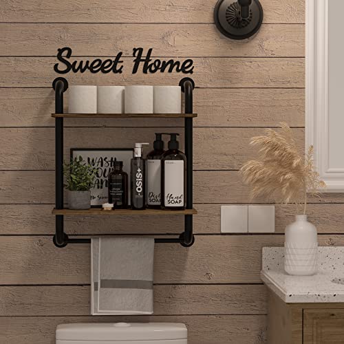 Bathroom Shelves Wall Mounted, Industrial Pipe Shelving 2-Tier, Rustic Farmhouse Shelves for Wall Decor, Floating Bathroom Shelf Over Toilet with Towel Bar for Kitchen, Bedroom, Living Room 17.3 inch