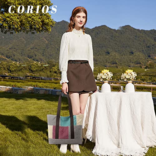 CORIOS Women's Canvas Handbag Casual Shoulder Bag Patchwork Tote Bag Large Capacity Top Handle Bag Retro Hobo Bag for Travel Work Party Shopping Office Purple