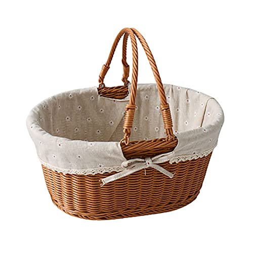 Imitation Rattan Picnic Basket, Storage Basket, Shopping Basket, Rattan Fruit Basket, Carrying Basket, Artificial Woven, Floral Lined Lace Trim (12, Oval, 1, pb2-1)