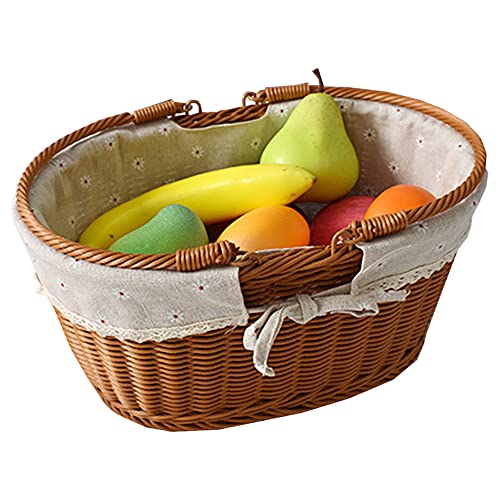 Imitation Rattan Picnic Basket, Storage Basket, Shopping Basket, Rattan Fruit Basket, Carrying Basket, Artificial Woven, Floral Lined Lace Trim (12, Oval, 1, pb2-1)