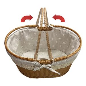 Imitation Rattan Picnic Basket, Storage Basket, Shopping Basket, Rattan Fruit Basket, Carrying Basket, Artificial Woven, Floral Lined Lace Trim (12, Oval, 1, pb2-1)